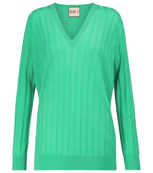 Plan C Ribbed V-neck Long Sleeve Sweater
