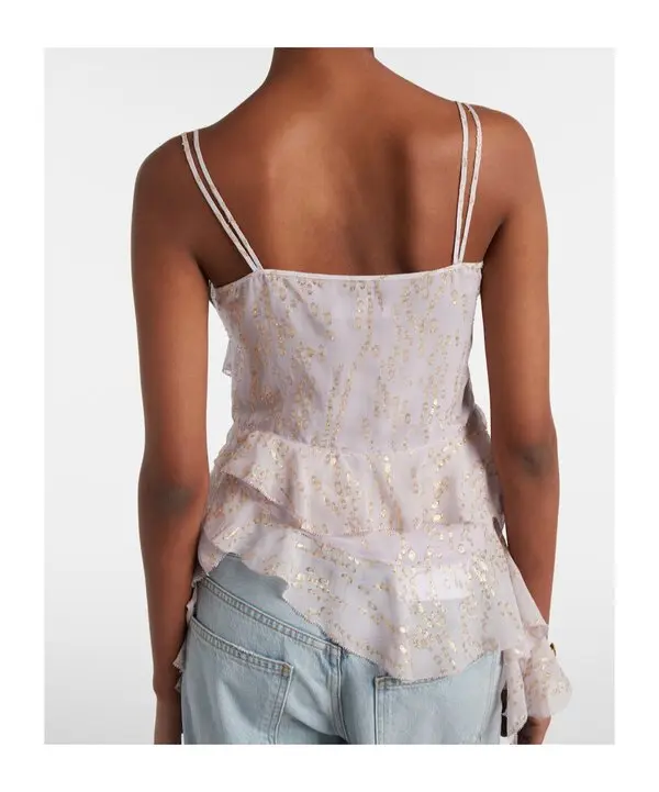 JACQUES WEI Printed Ruffled Asymmetric Silk-blend Top