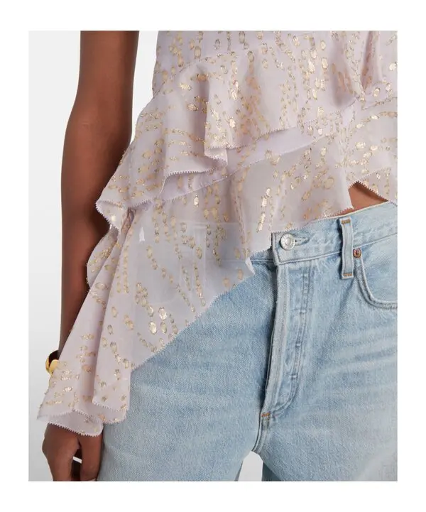 JACQUES WEI Printed Ruffled Asymmetric Silk-blend Top