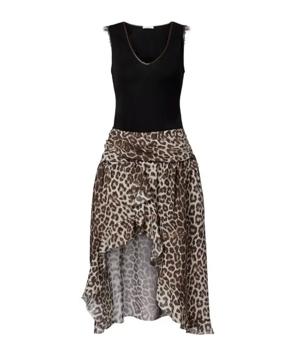 JACQUES WEI Lace-trimmed Leopard-print Asymmetric Midi Dress - Black