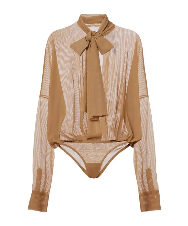 Norma Kamali Sheer Tie-neck Mesh Bodysuit - Brown
