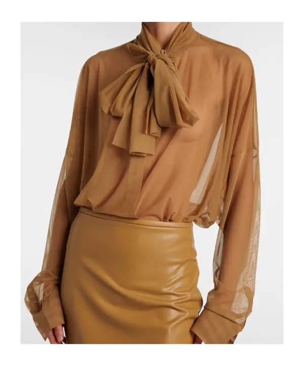 Norma Kamali Sheer Tie-neck Mesh Bodysuit