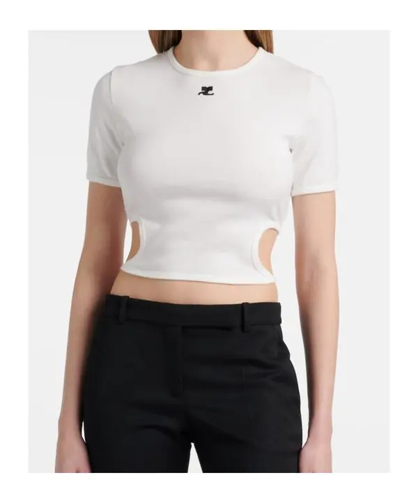 COURREGES Logo Cutout Tie-back Cotton Crop Top