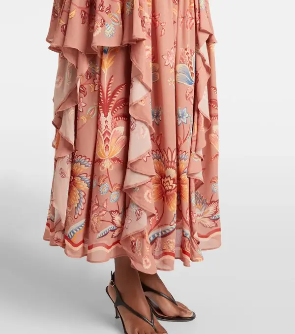 Farm Rio Embellished Floral Ruffled Maxi Skirt
