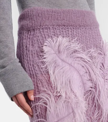 Attico Feather-trimmed Knitted Midi Skirt