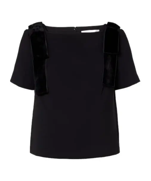 Carolina Herrera Bow-detail Velvet-trimmed Crêpe Top - Black