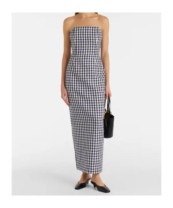 Posse Romeo Gingham Strapless Linen Maxi Dress