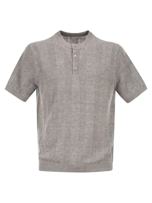 Brunello Cucinelli Seraphim Collar T-shirt In Linen And Cotton Rib Knit - Gray