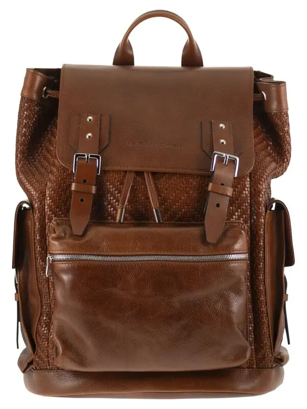 Brunello Cucinelli City Backpack In Woven Calfskin And Cowhide Leather - Brown