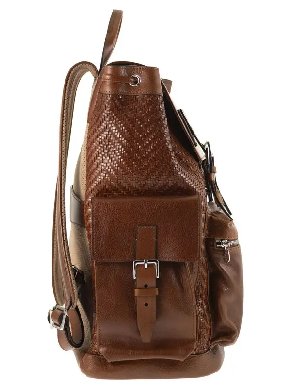 Brunello Cucinelli City Backpack In Woven Calfskin And Cowhide Leather - Brown
