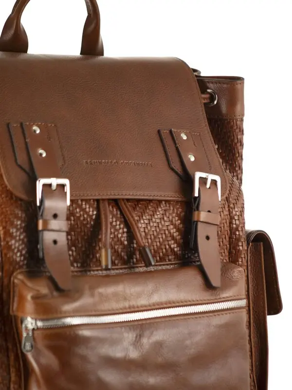 Brunello Cucinelli City Backpack In Woven Calfskin And Cowhide Leather - Brown
