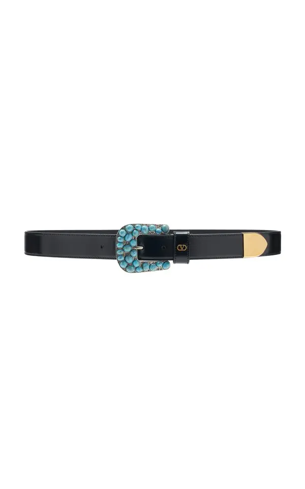 Valentino Garavani Mini V-logo Signature Leather Belt With Embellished Buckle - Black