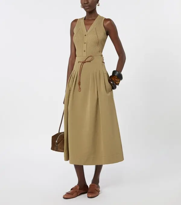 Max Mara Pleated Cotton Midi Skirt With Drawstring Detail