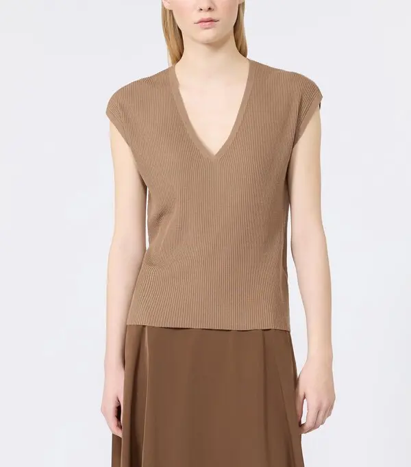 Max Mara Virgin Wool Ribbed V-neck Top - Beige