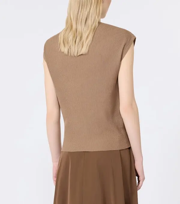 Max Mara Virgin Wool Ribbed V-neck Top - Beige
