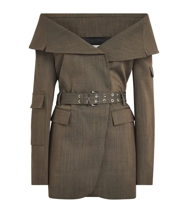 GANNI Wool Off-the-shoulder Belted Blazer