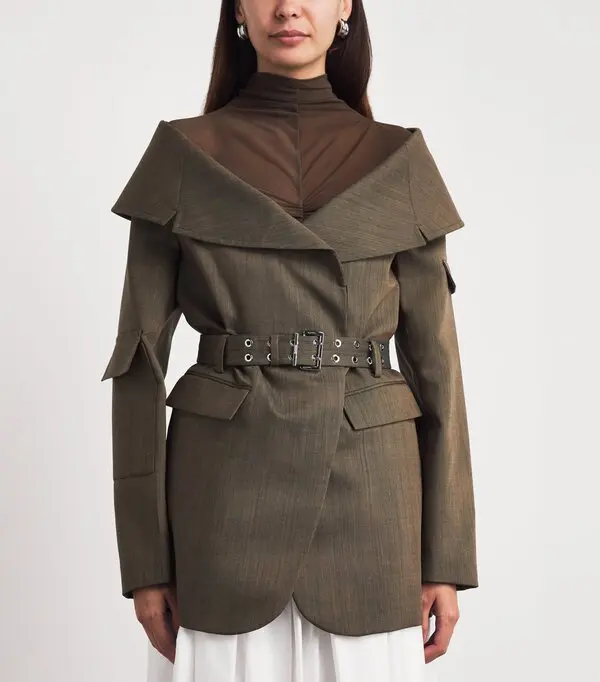 GANNI Wool Off-the-shoulder Belted Blazer