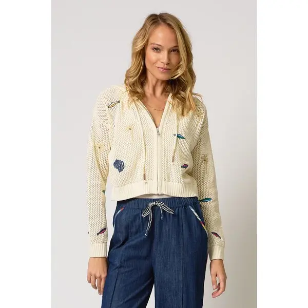 Central Park West Eden Palm Tree Mesh Zip-up Cardigan - Ivory