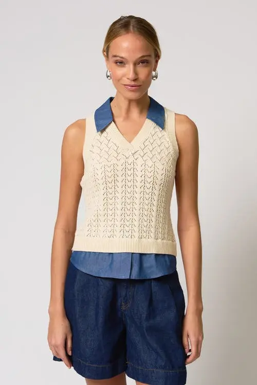 Central Park West Hazel Pointelle Knit V-neck Halter Top - Ivory
