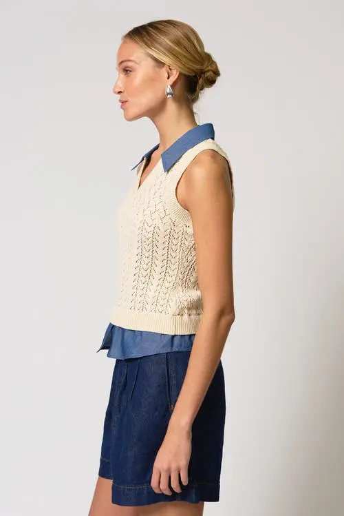 Central Park West Hazel Pointelle Knit V-neck Halter Top