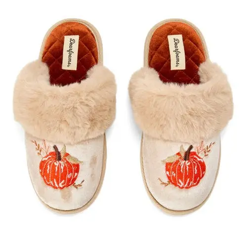 DEARFOAMS Embroidered Velour Slippers With Fur Cuff - Latte