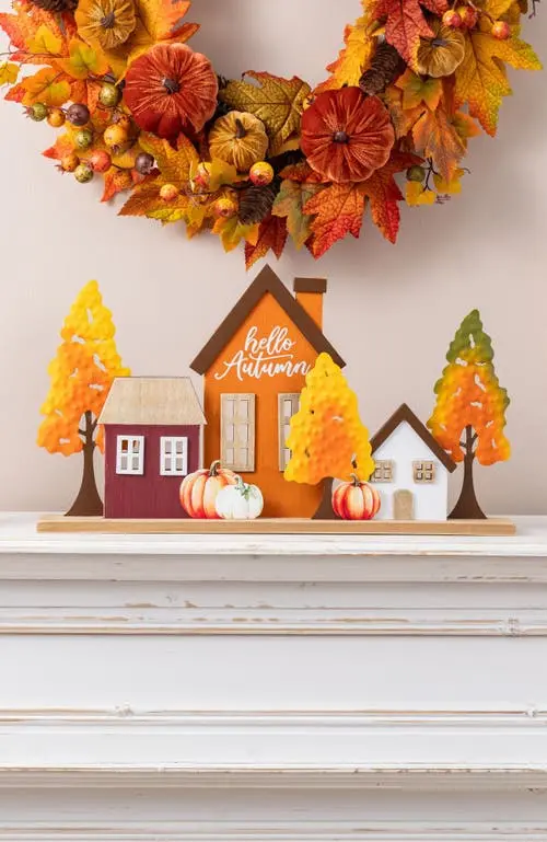 GLITZHOME 18"l Fall Metal & Wood Village Table Decor