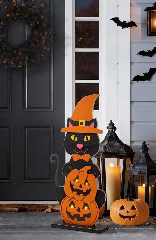 GLITZHOM Halloween Wooden Lighted Witch Dog Or Cat Porch Decor - Black