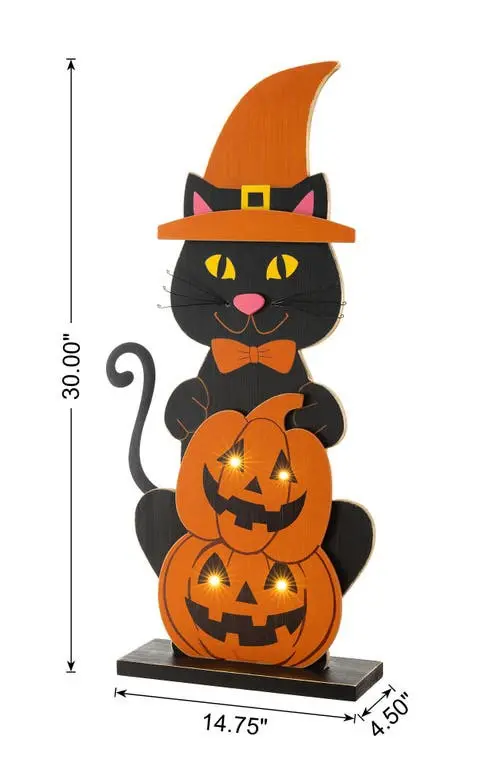 GLITZHOM Halloween Wooden Lighted Witch Dog Or Cat Porch Decor - Black