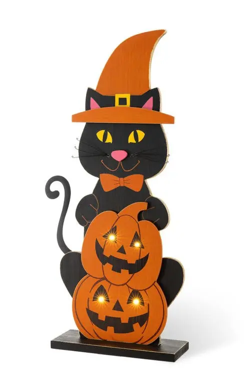 GLITZHOM Halloween Wooden Lighted Witch Dog Or Cat Porch Decor - Black