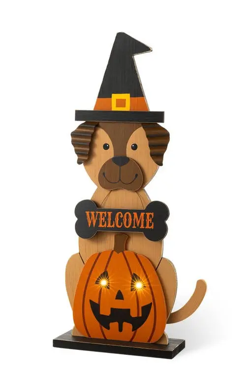 GLITZHOM 30"h Halloween Wooden Lighted Witch Dog Or Cat Porch Decor With Timer - Brown