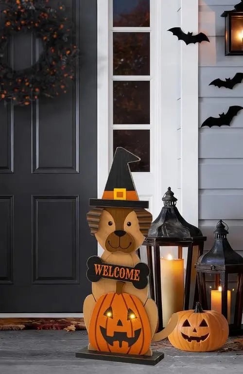 GLITZHOM Halloween Wooden Lighted Witch Dog Or Cat Porch Decor - Brown