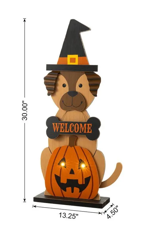 GLITZHOM Halloween Wooden Lighted Witch Dog Or Cat Porch Decor - Brown