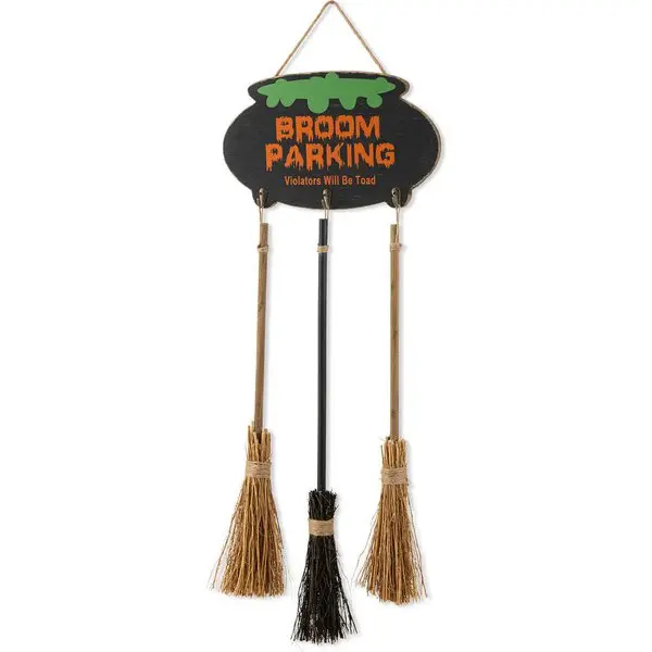 GLITZHOM 37"h Halloween Wooden Cauldron And Broom Porch Decor - Black