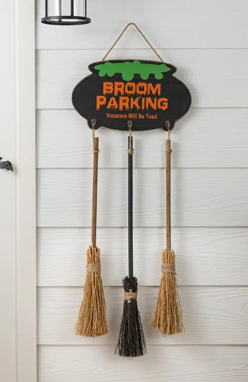 GLITZHOM 37"h Halloween Wooden Cauldron And Broom Porch Decor