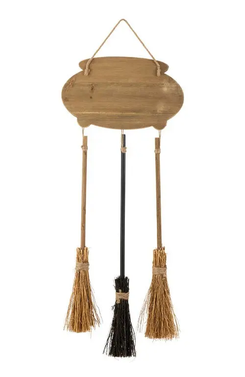 GLITZHOM 37"h Halloween Wooden Cauldron And Broom Porch Decor