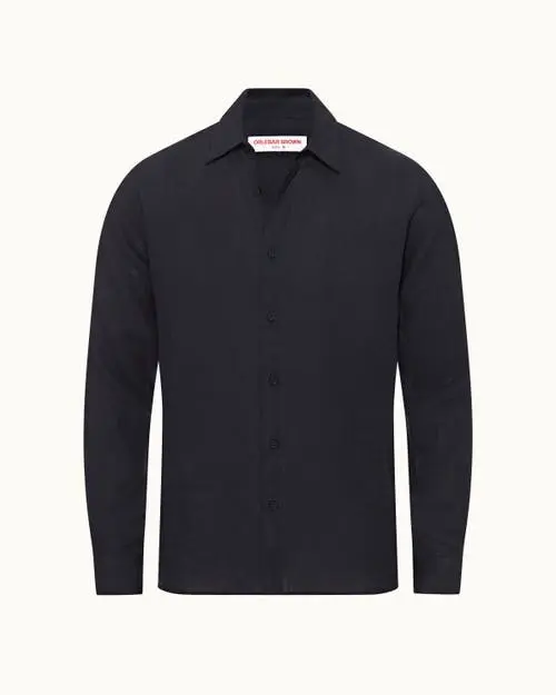 Orlebar Brown Justin Lino Relaxed Fit Classic Collar Italian Linen Shirt - Night Iris