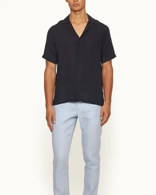 Orlebar Brown Maitan Lino Relaxed Fit Capri Collar Italian Linen Shirt - Night Iris