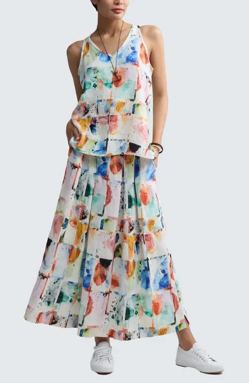 LUUKAA Merina Painterly Print Linen Maxi Skirt