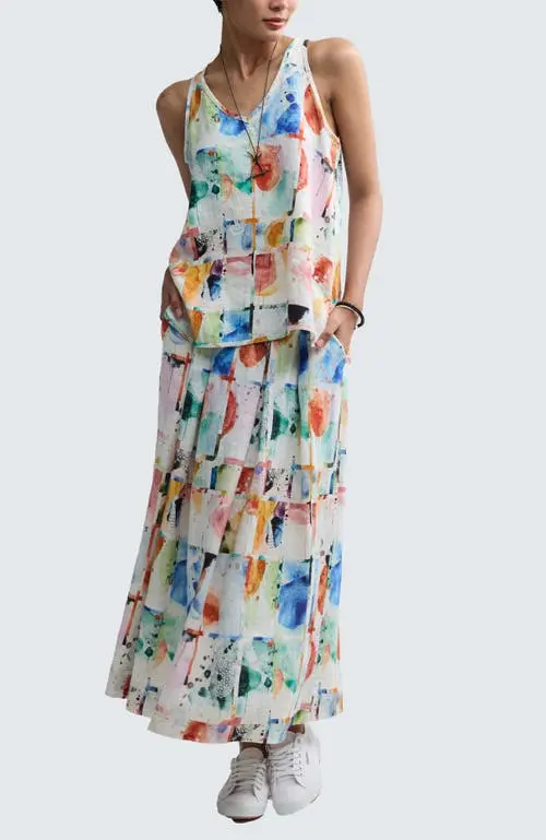 LUUKAA Merina Painterly Print Linen Maxi Skirt