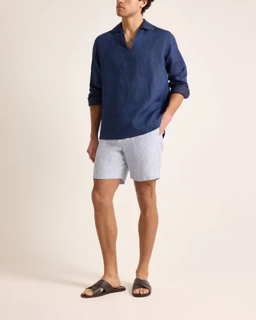 Orlebar Brown Vincent Linen Relaxed Fit Linen Long Sleeve Overhead Shirt - Night Iris