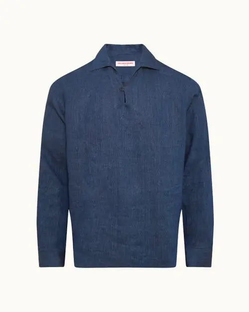 Orlebar Brown Vincent Linen Relaxed Fit Linen Long Sleeve Overhead Shirt - Night Iris