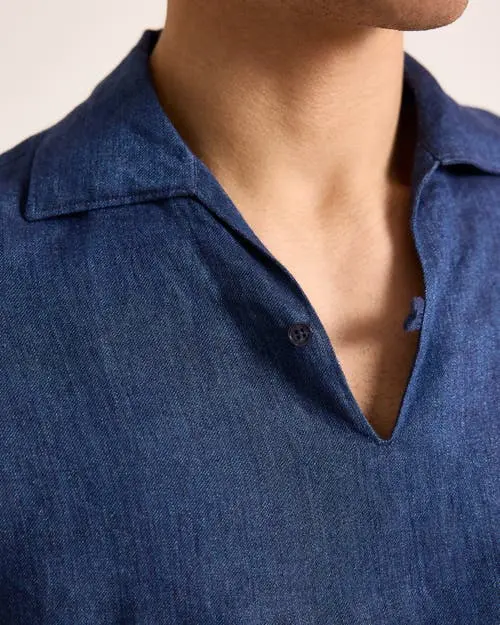 Orlebar Brown Vincent Linen Relaxed Fit Linen Long Sleeve Overhead Shirt - Night Iris