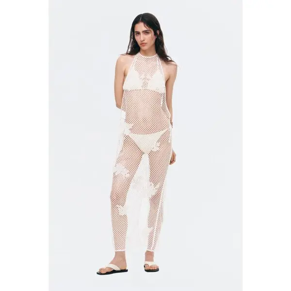 H&m Beaded Crochet-look Halterneck Maxi Dress - Cream