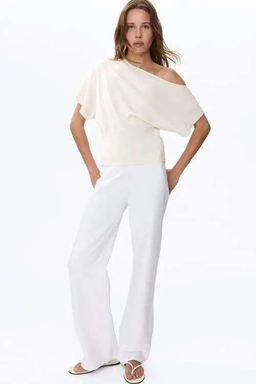 H&m Fine-knit One-shoulder Top With Asymmetric Neckline - Cream