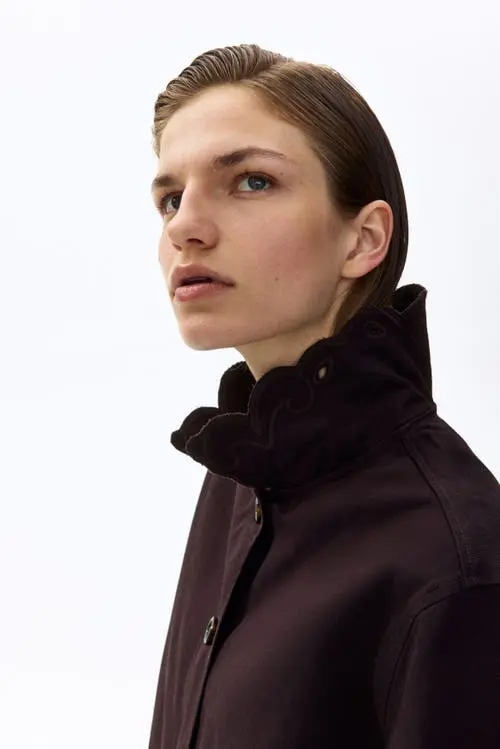 H&M Cotton Twill Jacket With Eyelet Embroidery - Dark Brown