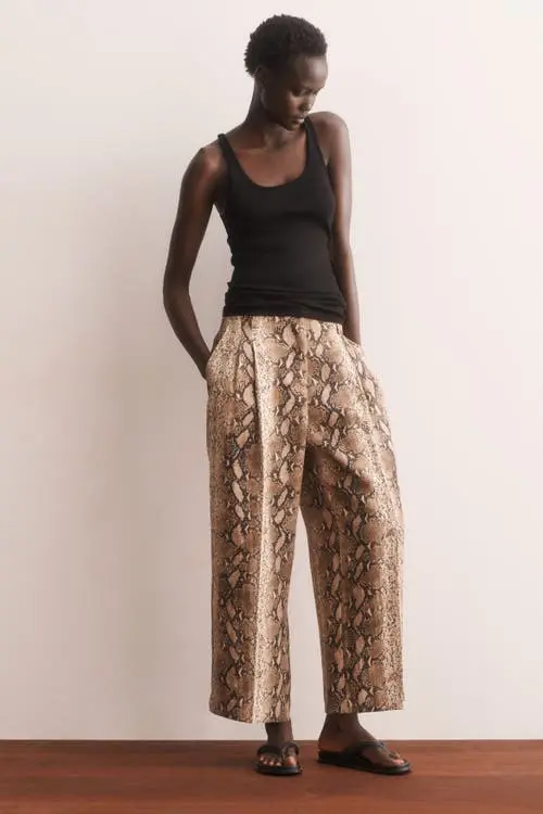 H&m Ankle-length Twill Trousers - Beige/snakeskin Pattern