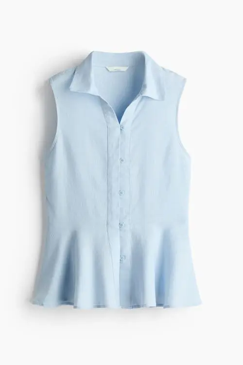 H&m Sleeveless Linen-blend Peplum Shirt - Light Blue