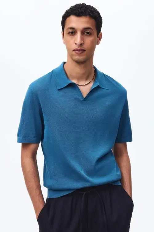 H&m Regular Fit Silk-blend Polo Shirt - Blue