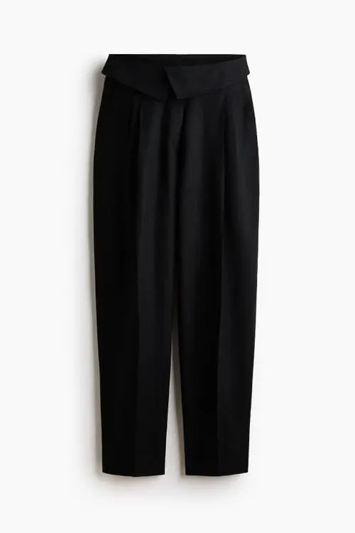 H&m Foldover-waist Linen-blend Trousers - Black