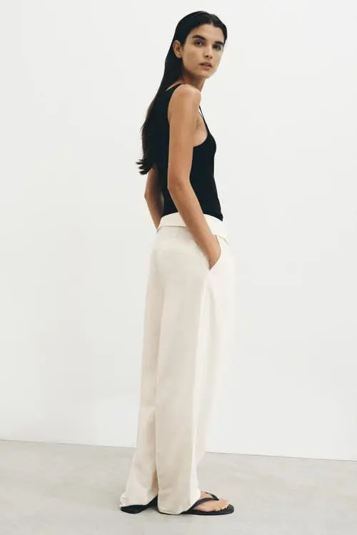 H&m Foldover-waist Linen-blend Trousers - Cream